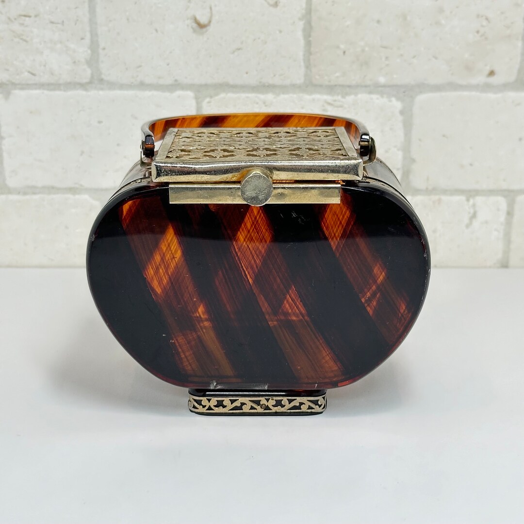 Vintage Brown Tortoise Lucite Box Handbag With Brass Filigree Top, Made ...