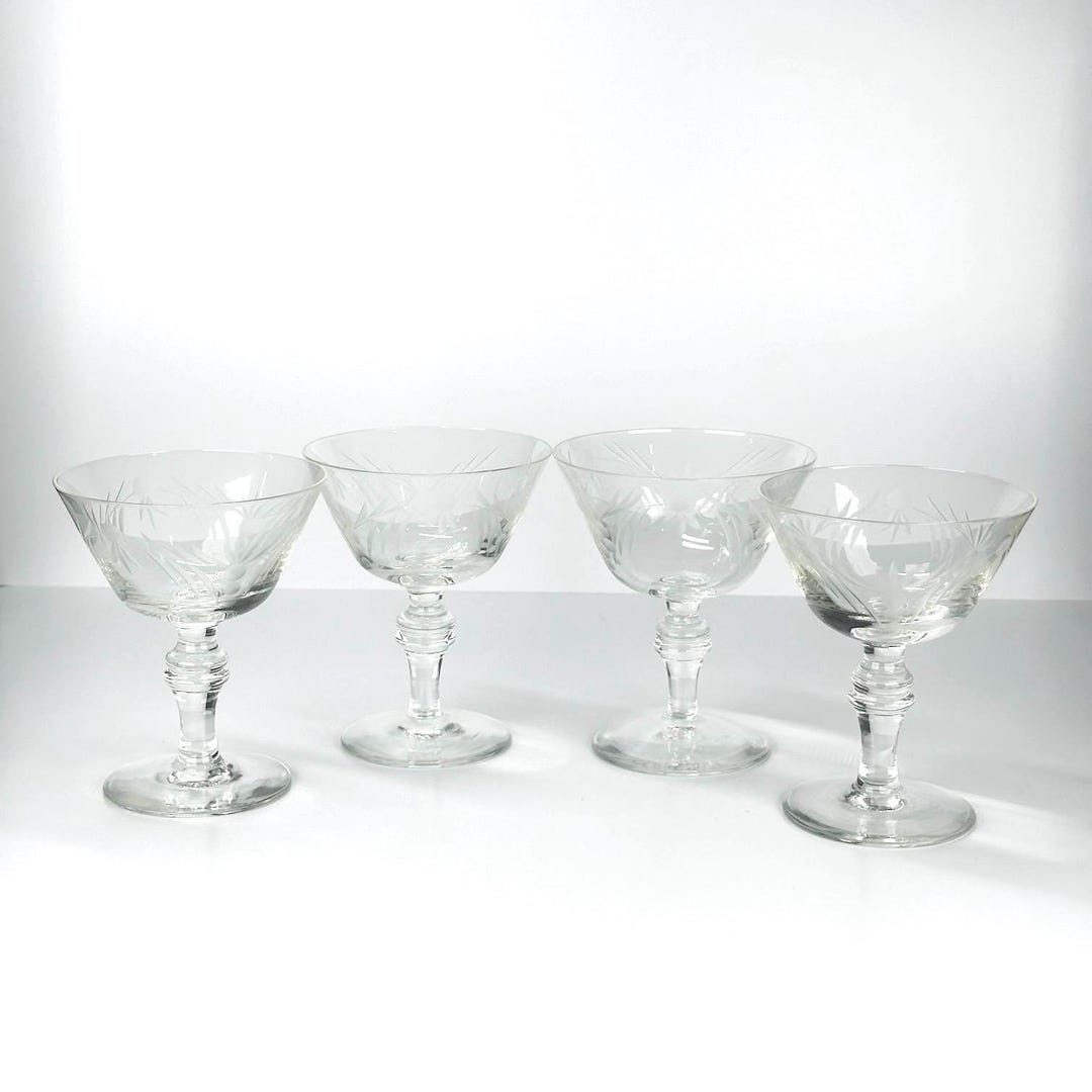 Set of 4 Vintage Etched Coupe Glasses | Champagne Cocktail Glasses ...