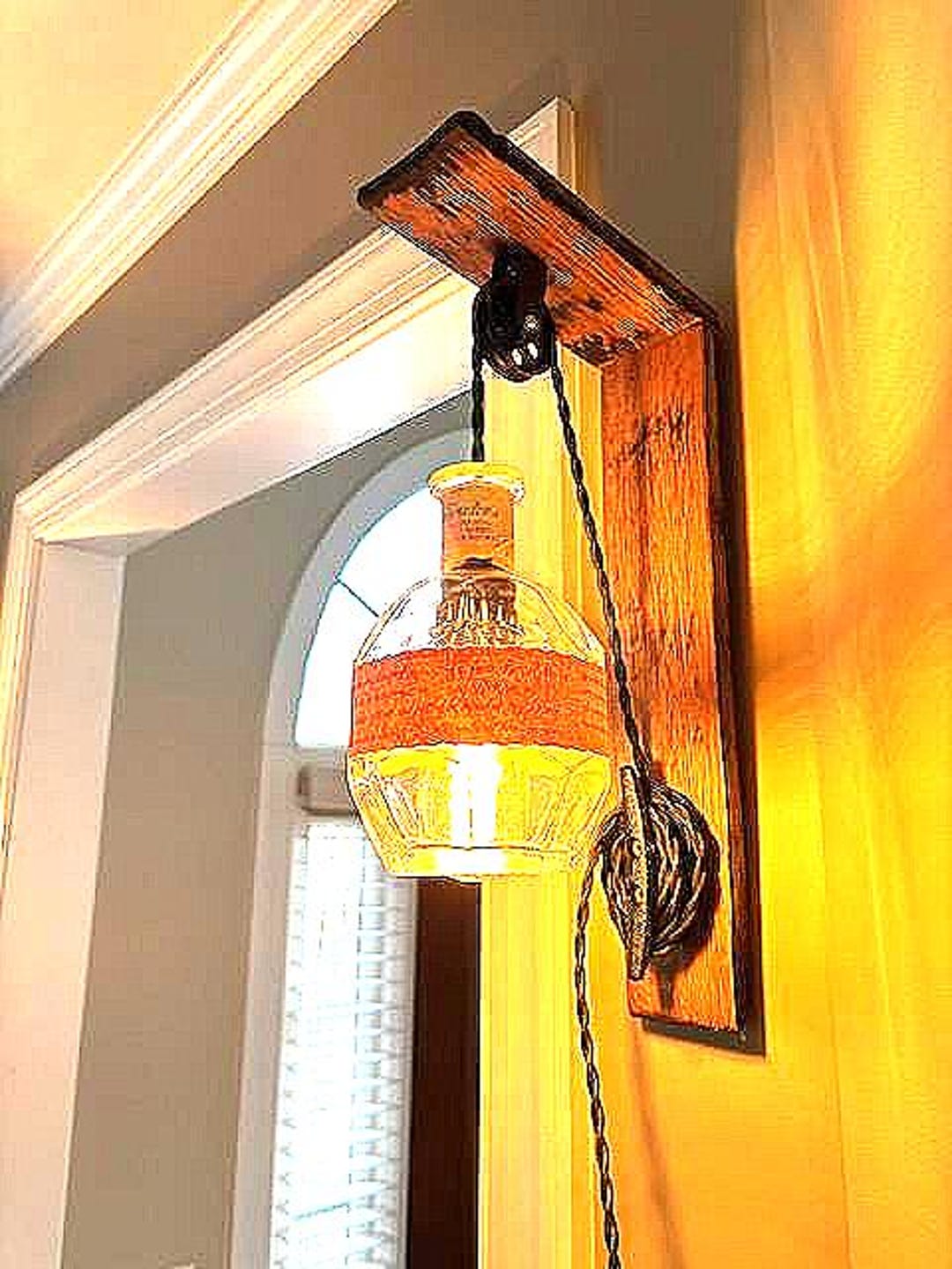 Rustic Bourbon Barrel Stave Wall Light With Industrial Pulley and Cleat ...