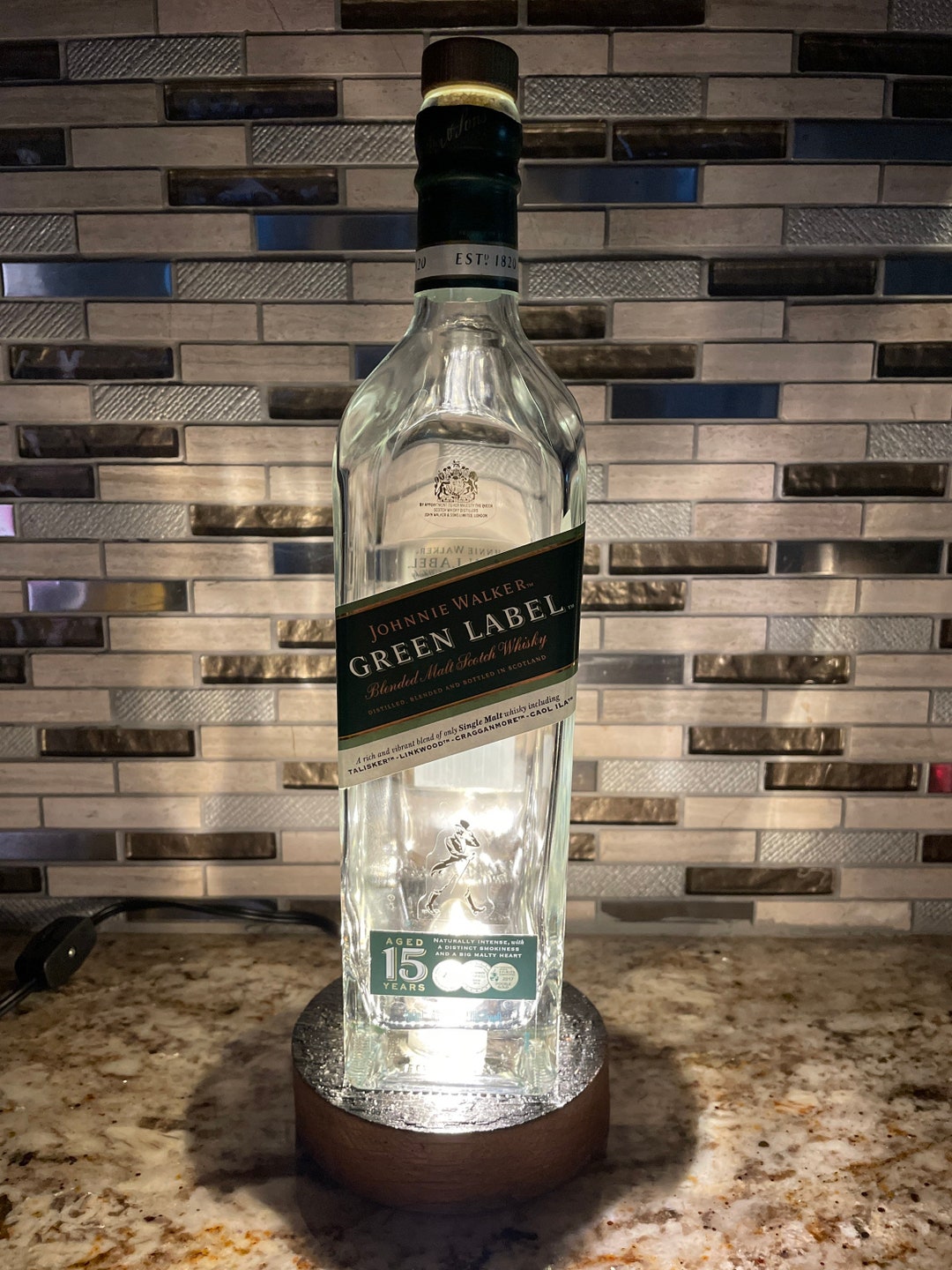 Johnnie Walker Green Label Bottle Lamp on Reclaimed Bourbon Barrel Base ...