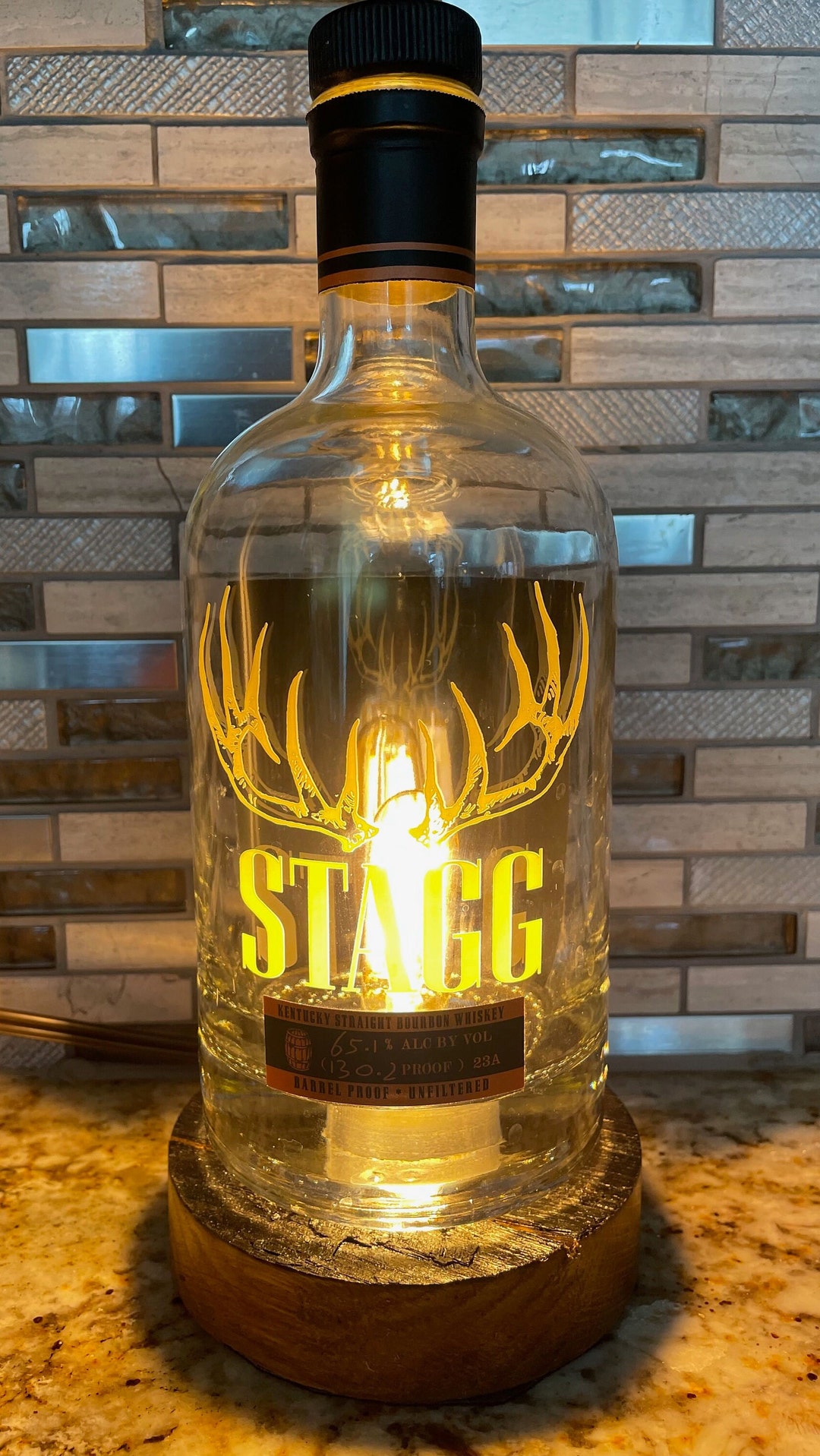 Stagg Bourbon Bottle Lamp on a Reclaimed Bourbon Barrel Head - Etsy