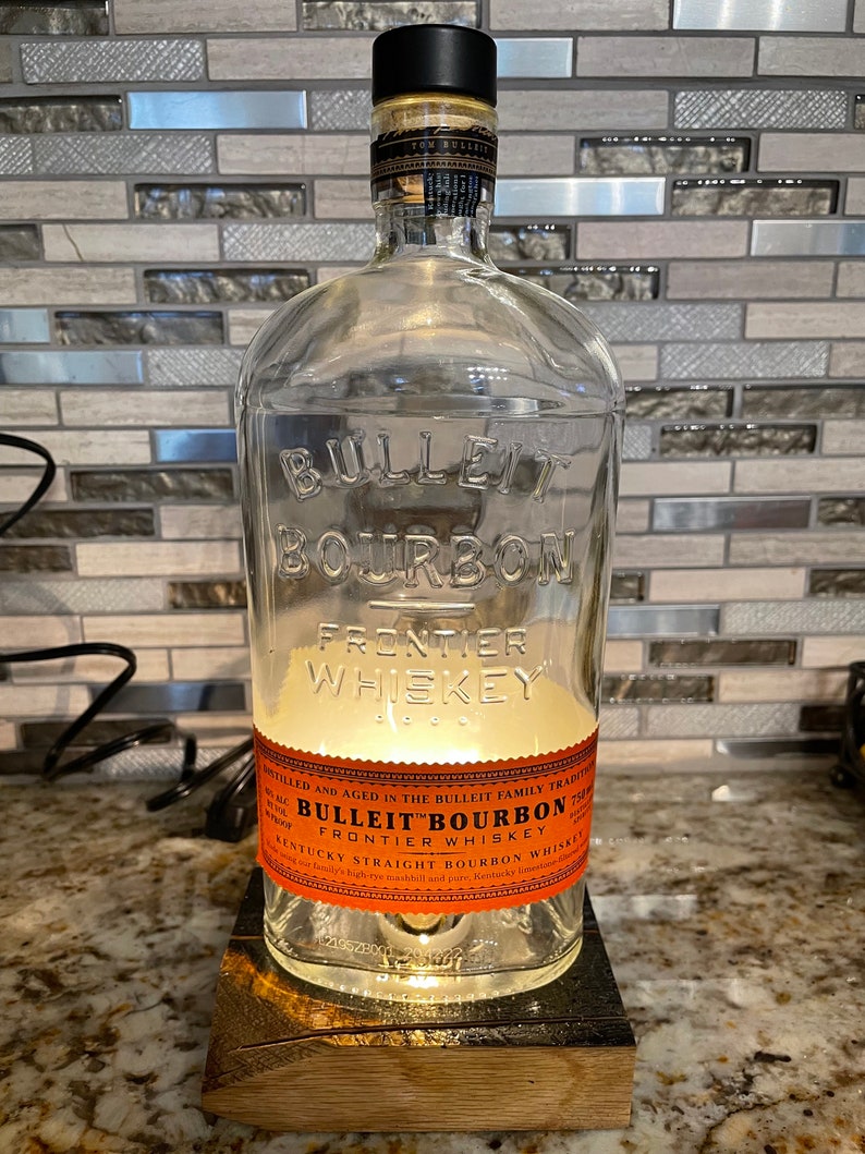 Bulleit Up-cycled Bottle Lamp on Reclaimed Bourbon Barrel Head Oak Base ...