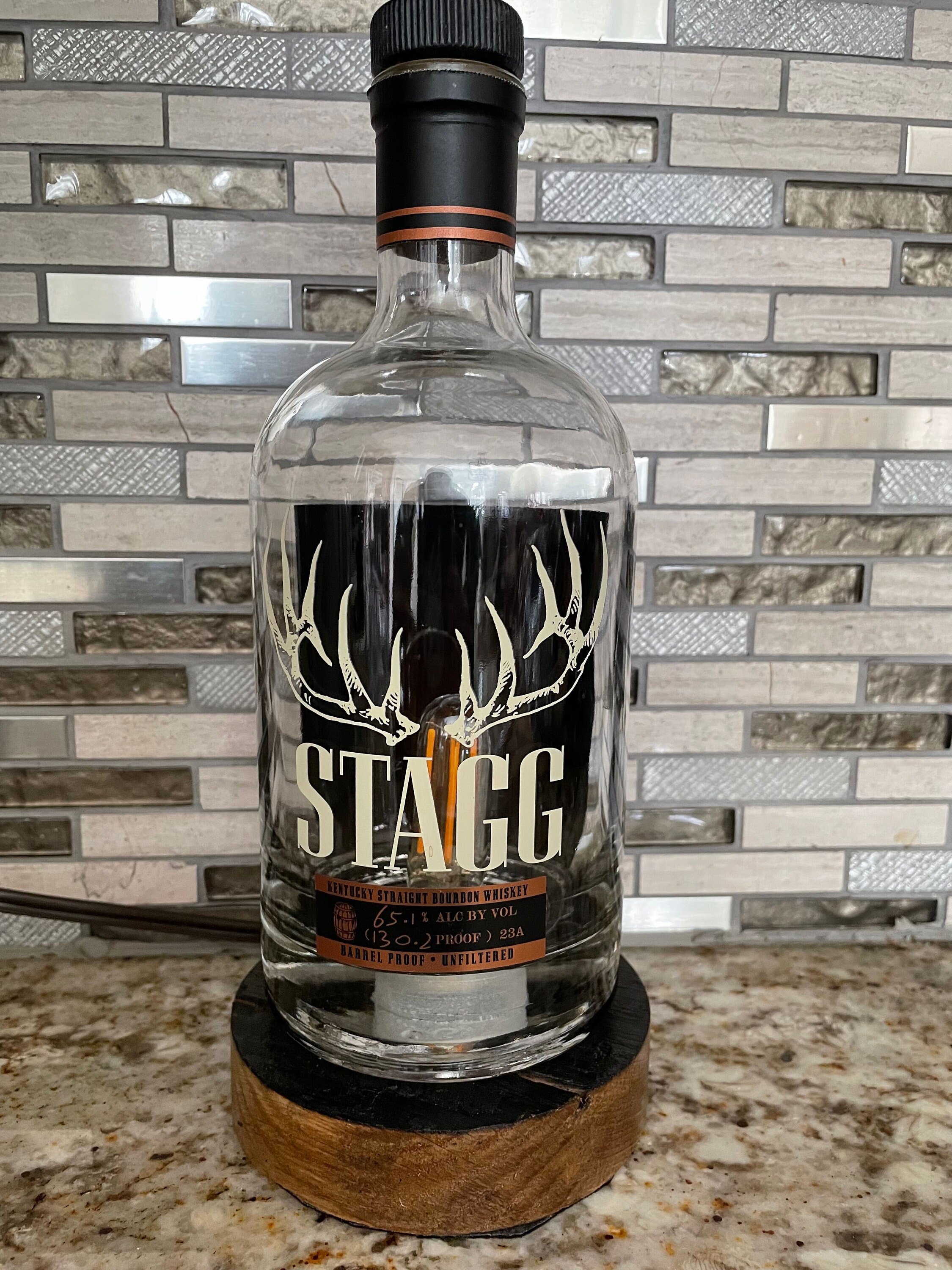 Stagg Bourbon Bottle Lamp on a Reclaimed Bourbon Barrel Head - Etsy