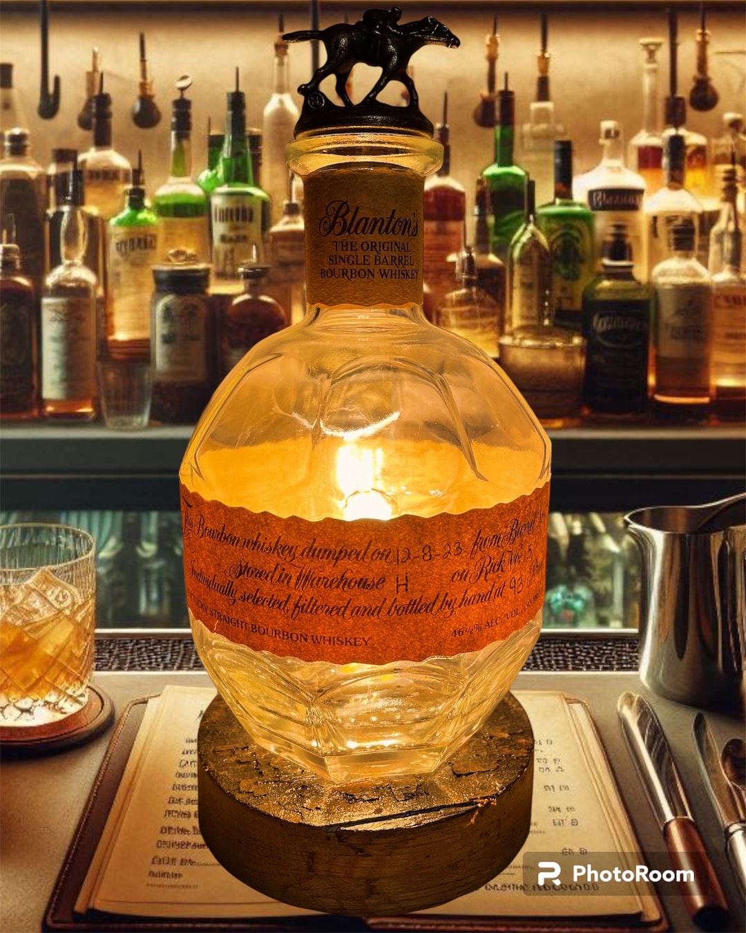 Blanton's Bourbon Bottle Lamp on a Reclaimed Bourbon Barrel Head ...