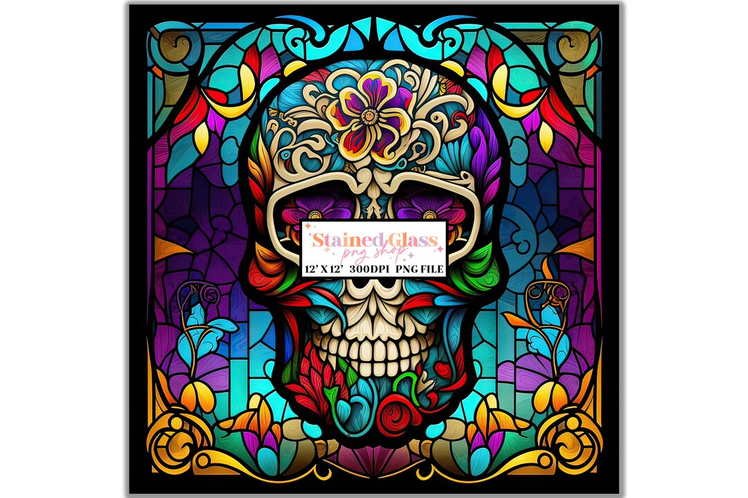 Sugar Skull Stained Glass Sublimation Design, Stained Glass Pattern ...