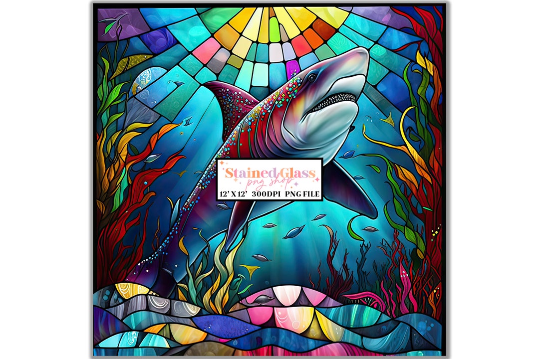 Shark Stained Glass Sublimation Designs, Stained Glass Pattern, Stained ...