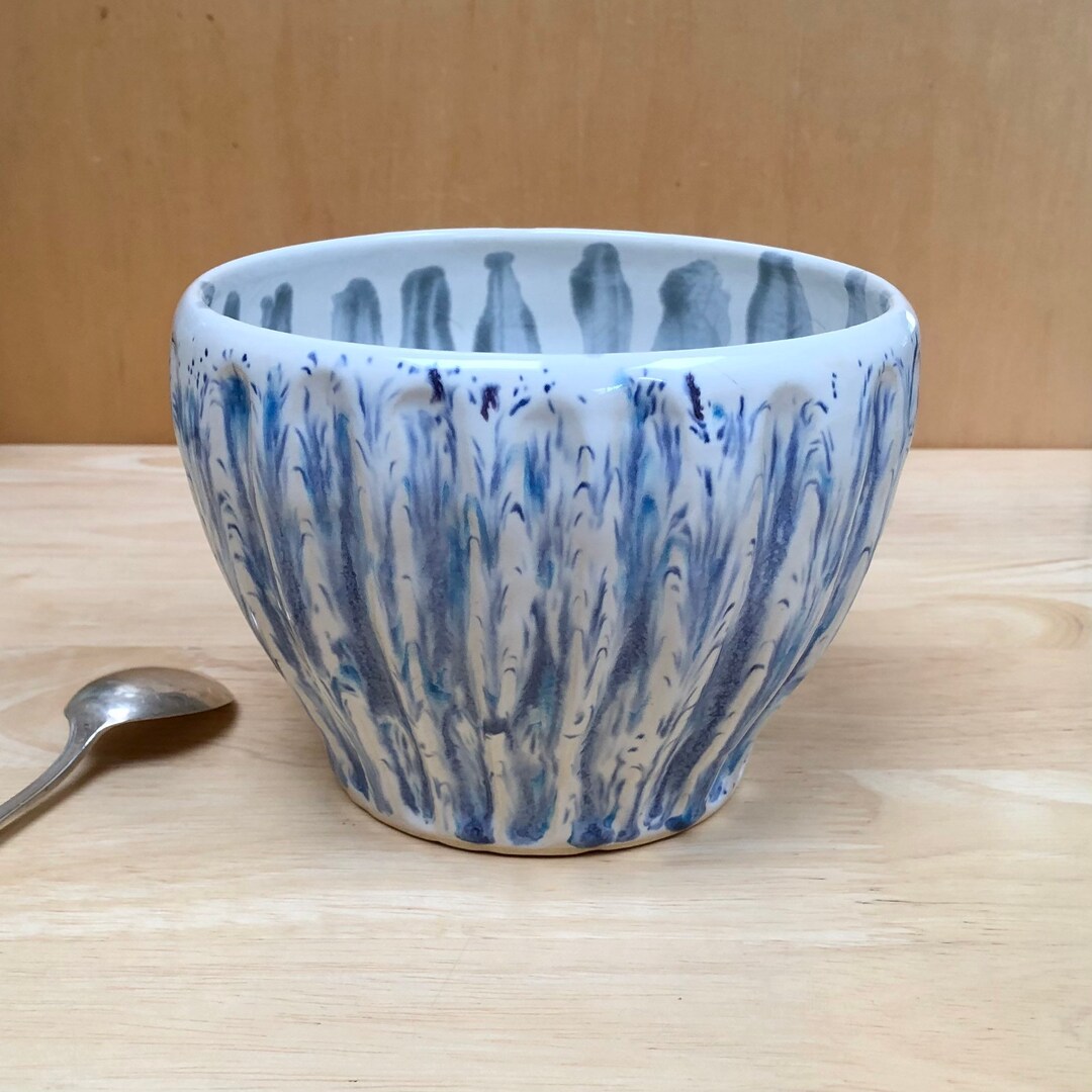 Fluted Stoneware Dinnerware Bowl Blue on White Handthrown Pottery, 6 X ...