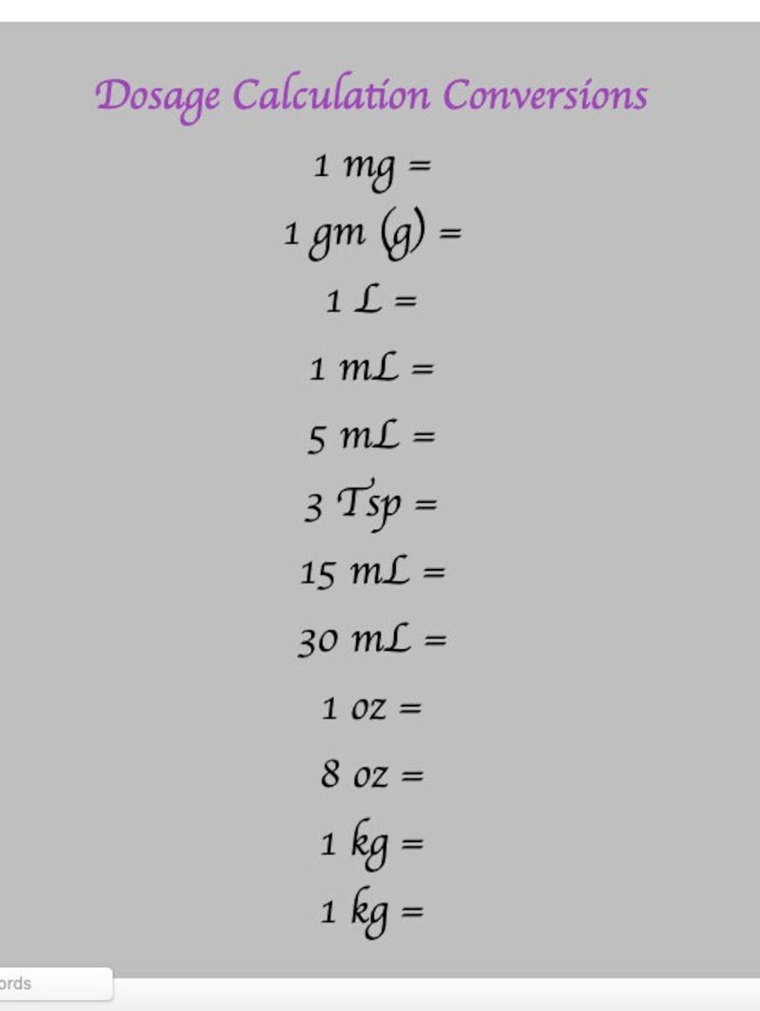 Dosage Calculation Conversions - Etsy