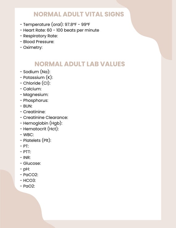 Normal Adult Vital & Lab Values PDF DOWNLOADABLE - Etsy