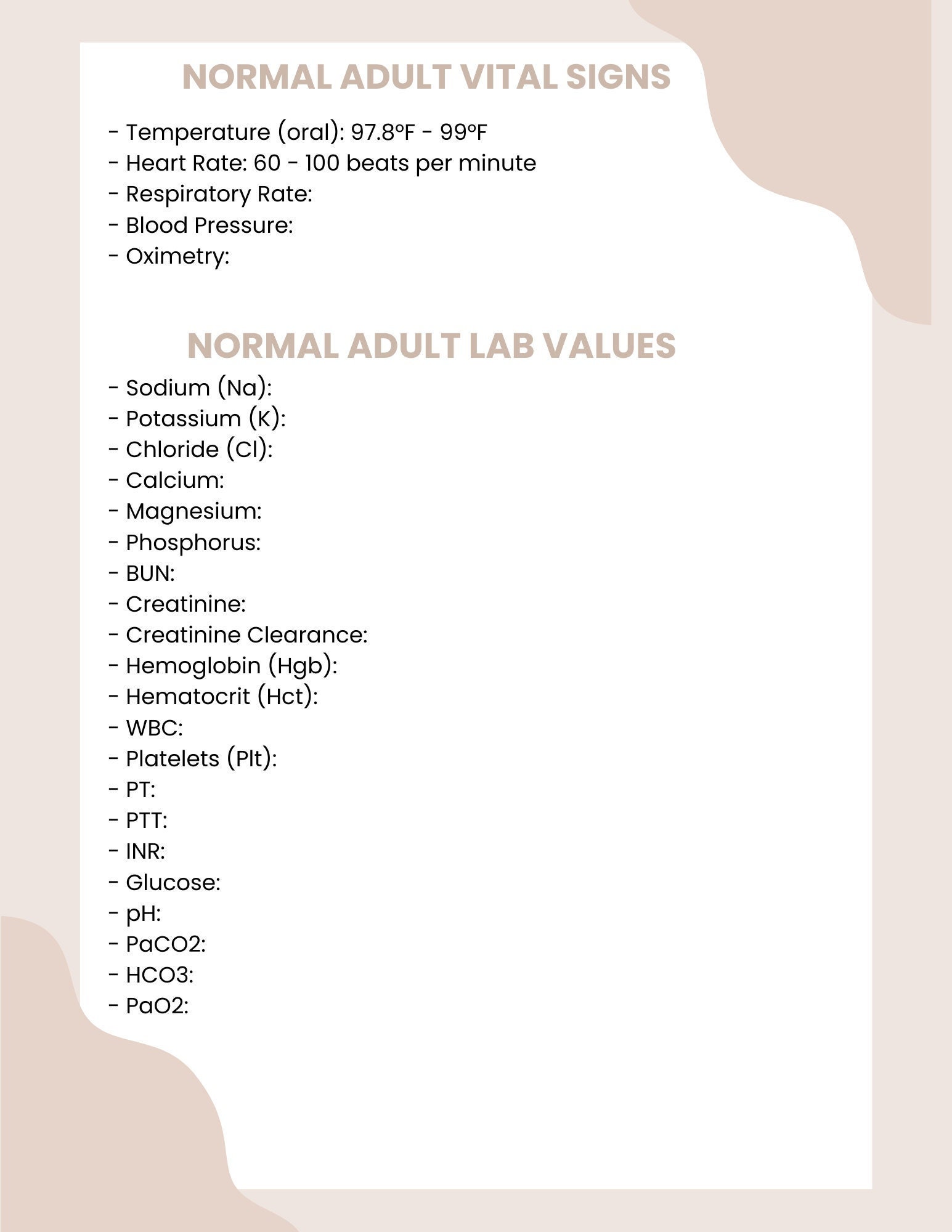 Normal Adult Vital & Lab Values PDF DOWNLOADABLE - Etsy