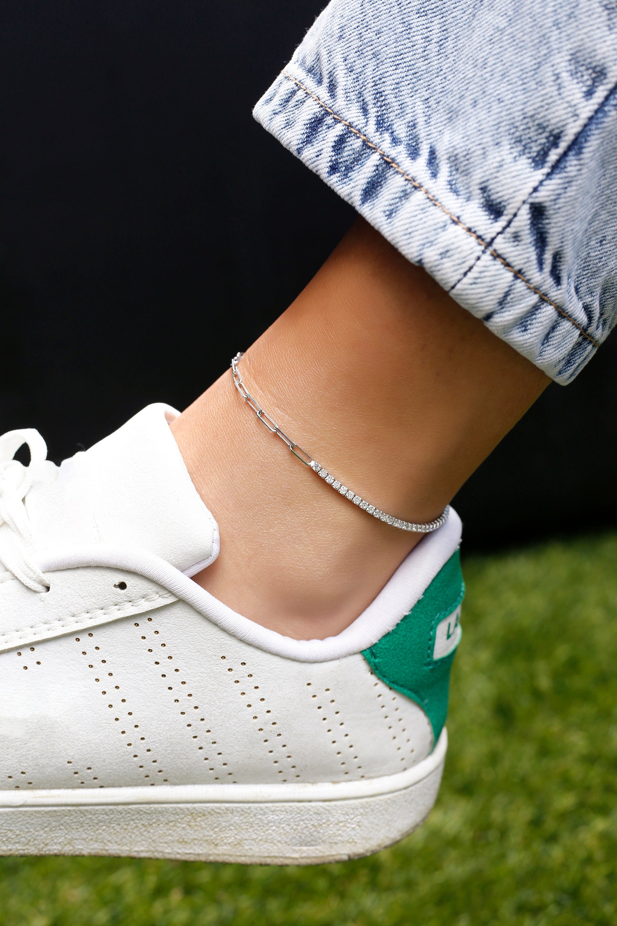 Half Tennis Half Link Chain Silver Ankletsterling Silver - Etsy