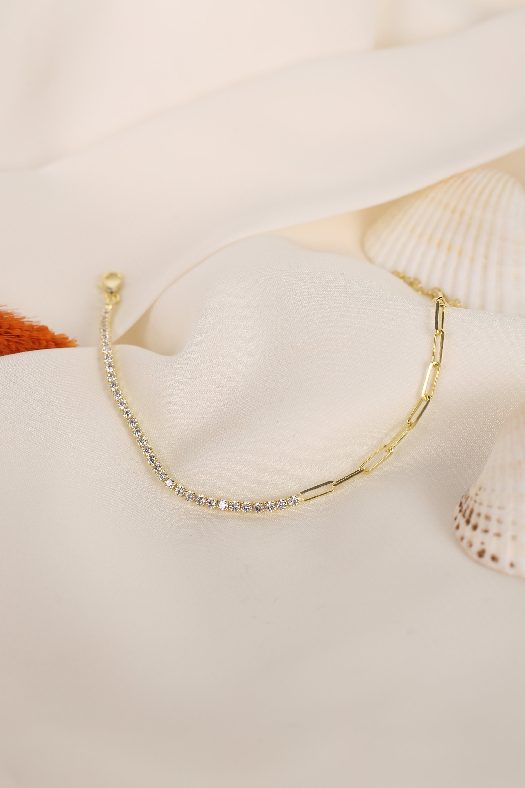 Half Tennis Half Link Chain Silver Ankletsterling Silver - Etsy