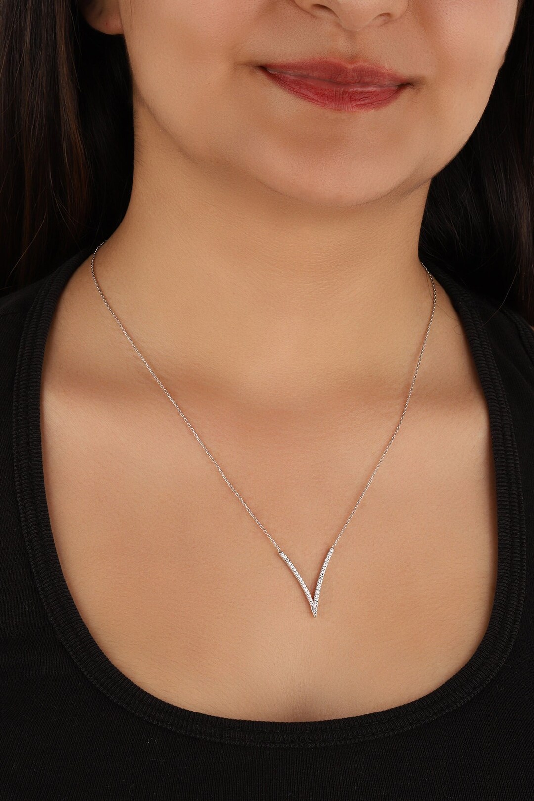 Sterling Silver V Necklace/ Sterling Silver Necklace/ Zircon Stone ...