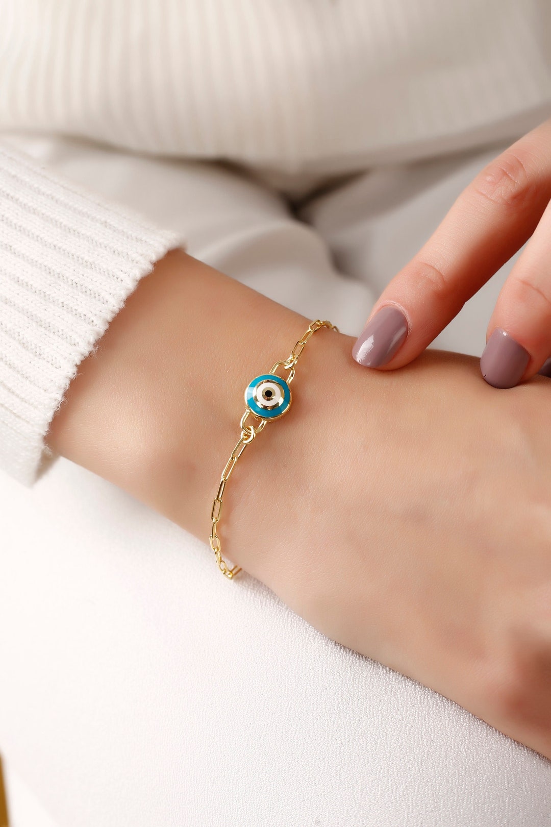 Evil Eye Paperclip Chain Bracelet, 925 Sterling Silver Nazar Bracelet ...