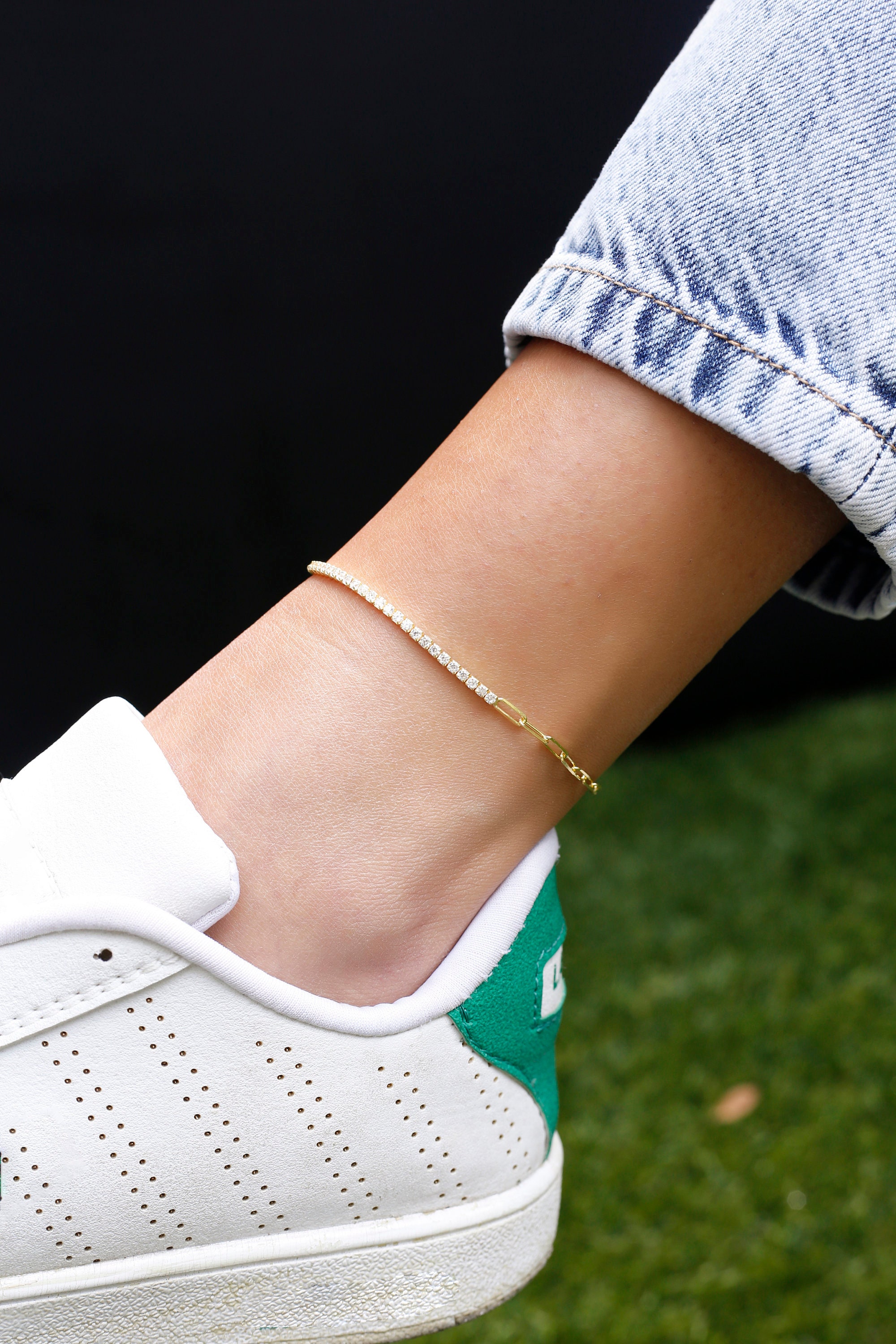 Half Tennis Half Link Chain Silver Ankletsterling Silver - Etsy