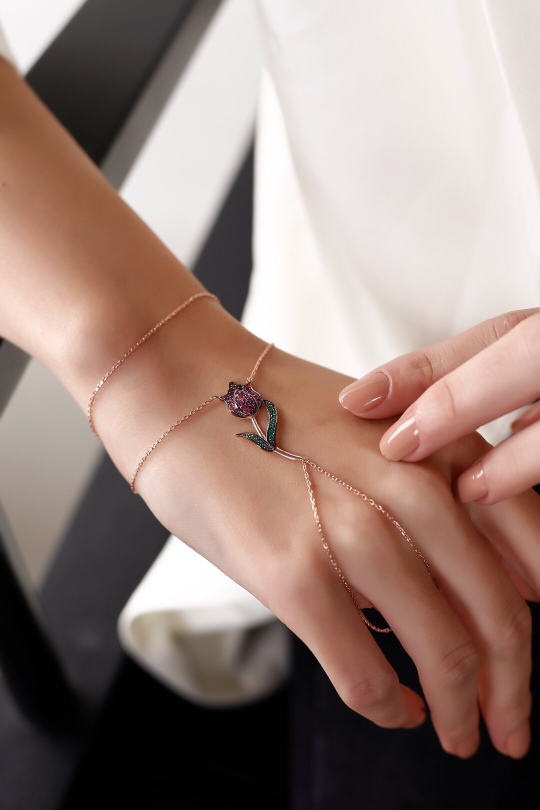 925k Silver Tulip Flower Hand Chain , Silver Chain Bracelet , Silver ...