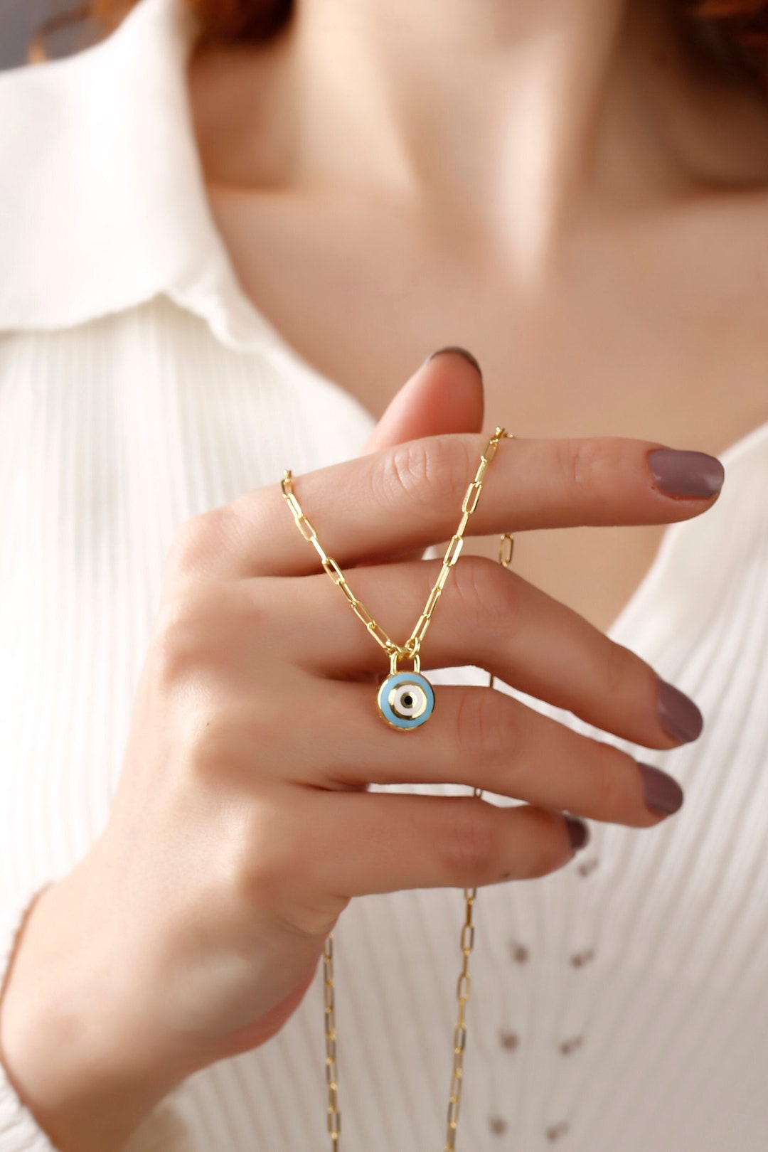 Evil Eye Paperclip Chain Necklace, 925 Sterling Silver Nazar Necklace ...