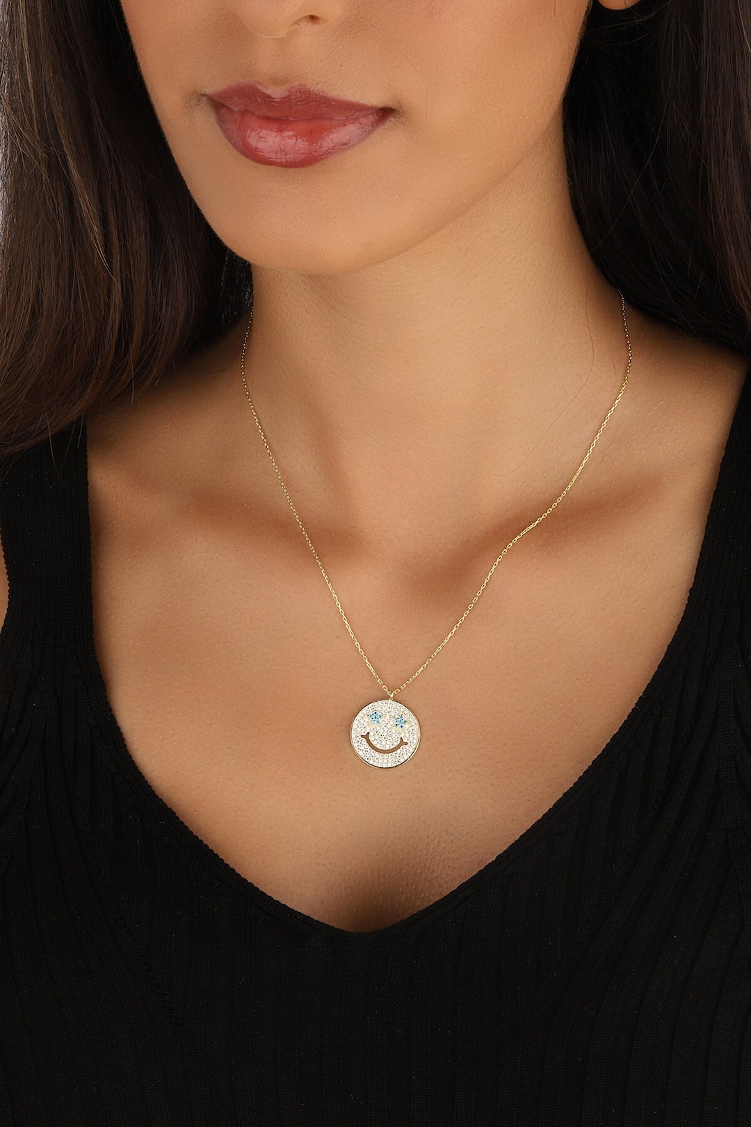 Dainty Silver Smiley Necklace, Happy Face Pendant Necklace ...