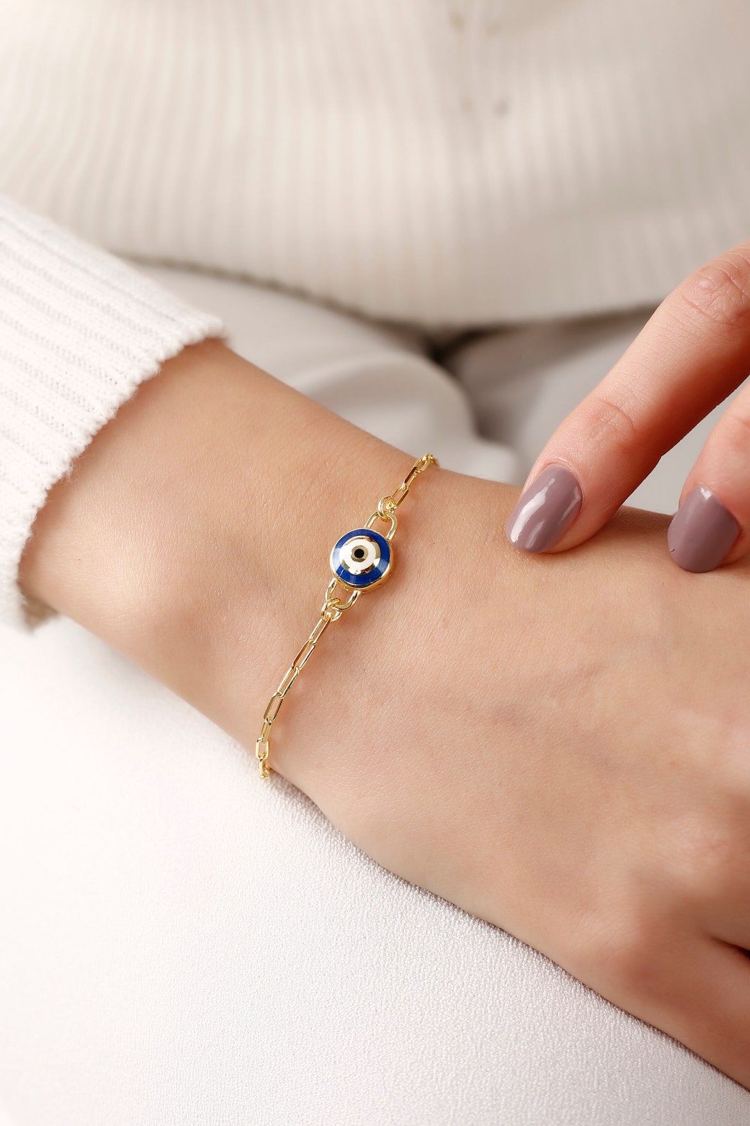 Evil Eye Paperclip Chain Bracelet, 925 Sterling Silver Nazar Bracelet ...