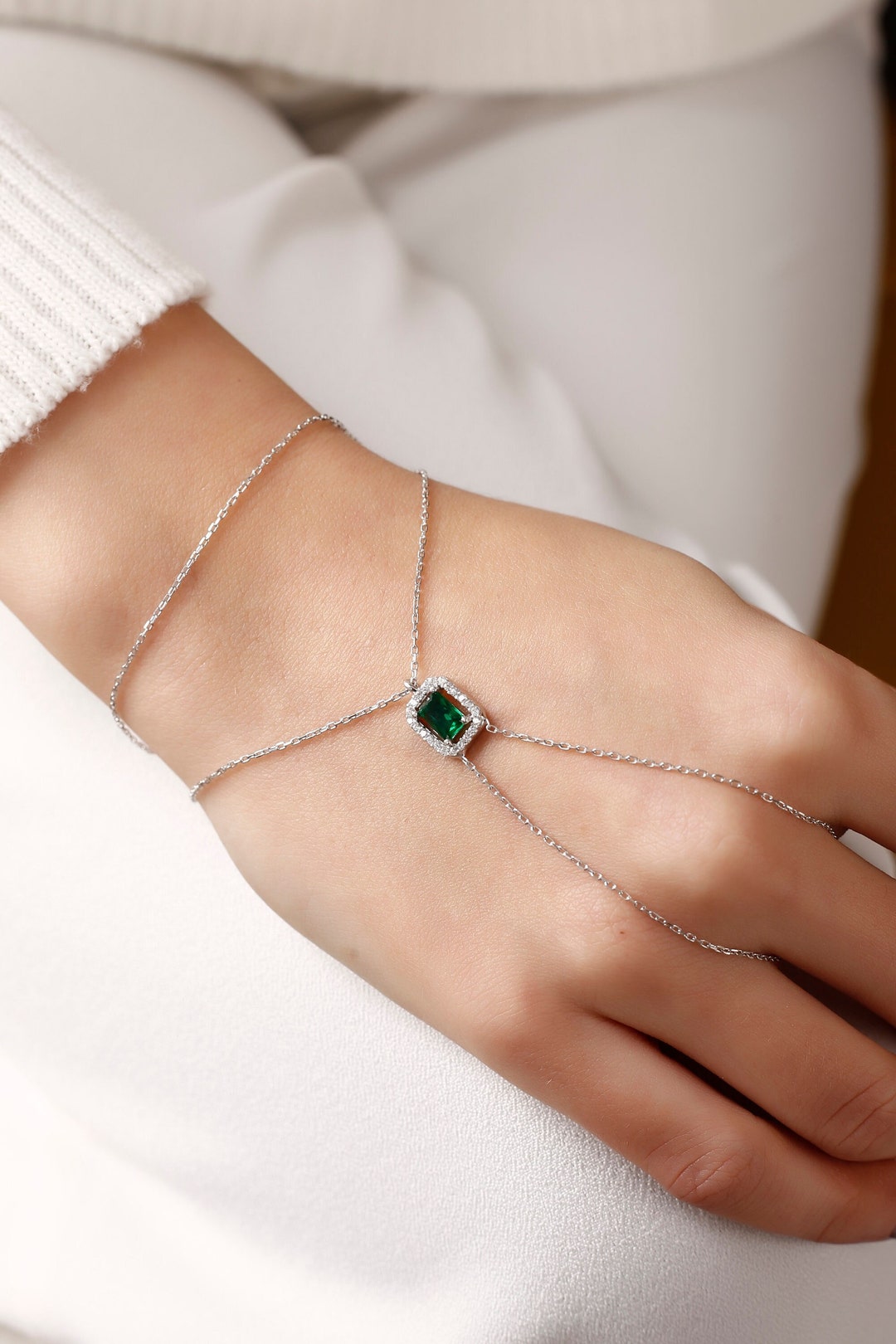 925k Silver Baguette Stone Hand Chain , Silver Chain Bracelet , Silver ...