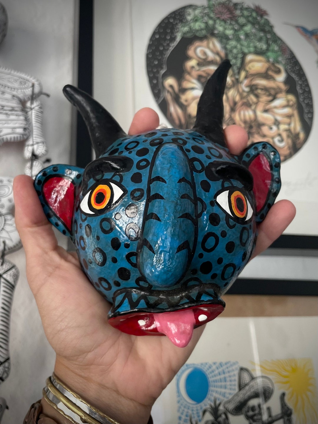 Blue and Black Horned Demon Coconut Shell Mexican Mask—unique Piece - Etsy