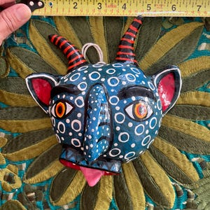 Deep Earth Teal and White Horned Demon Coconut Shell Mexican Mask ...