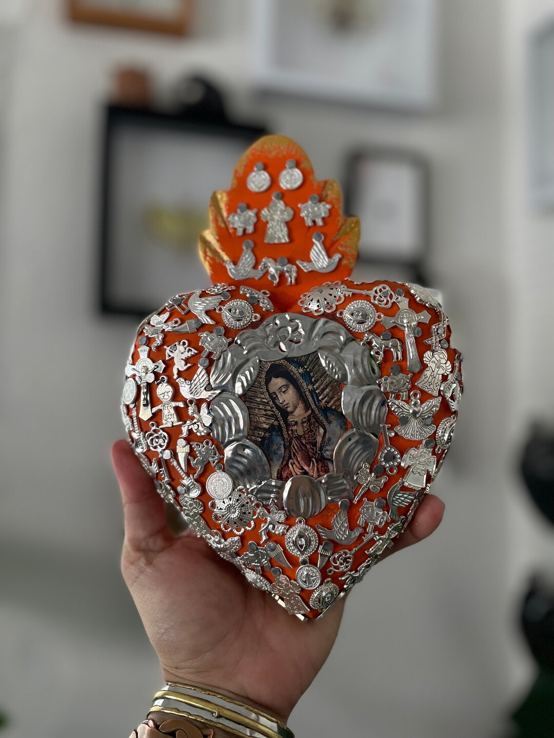 Wooden Bright Orange Sacred Heart With Silver Colored Milagros - Etsy