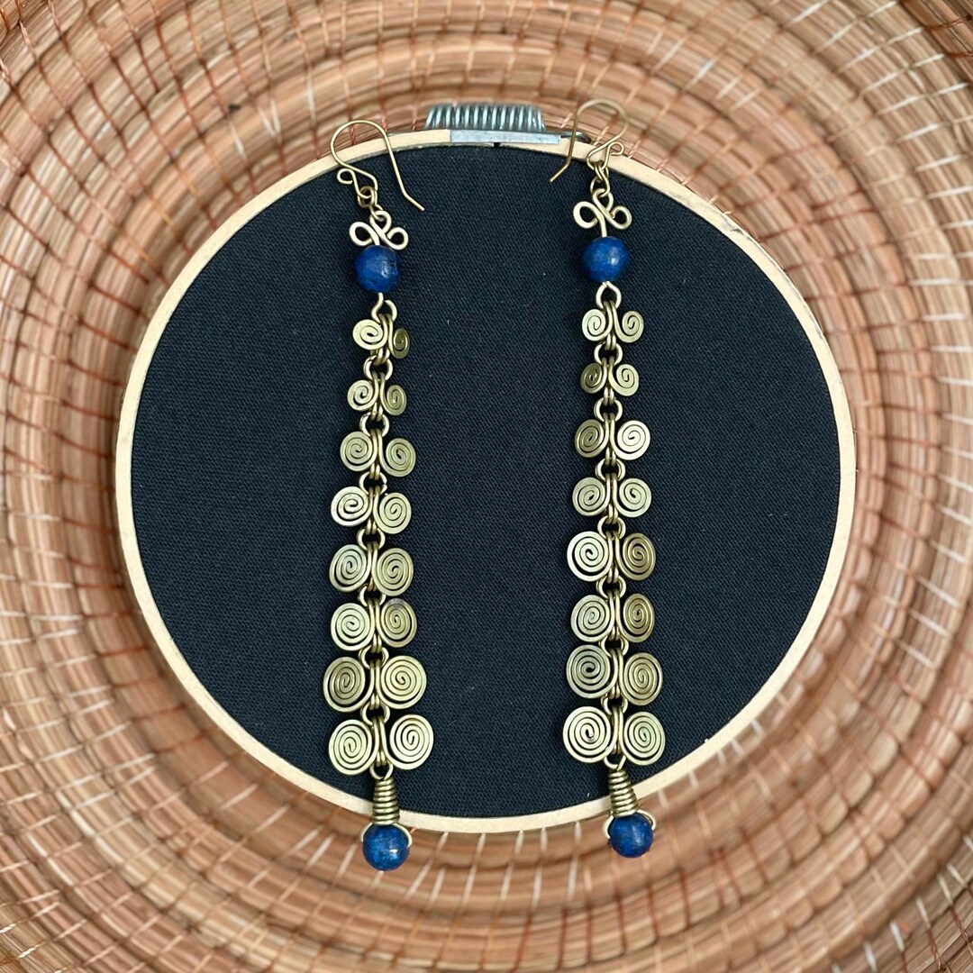 Extra Long Brass Aztec Swirl Design Earrings With Lapis Lazuli Beads ...