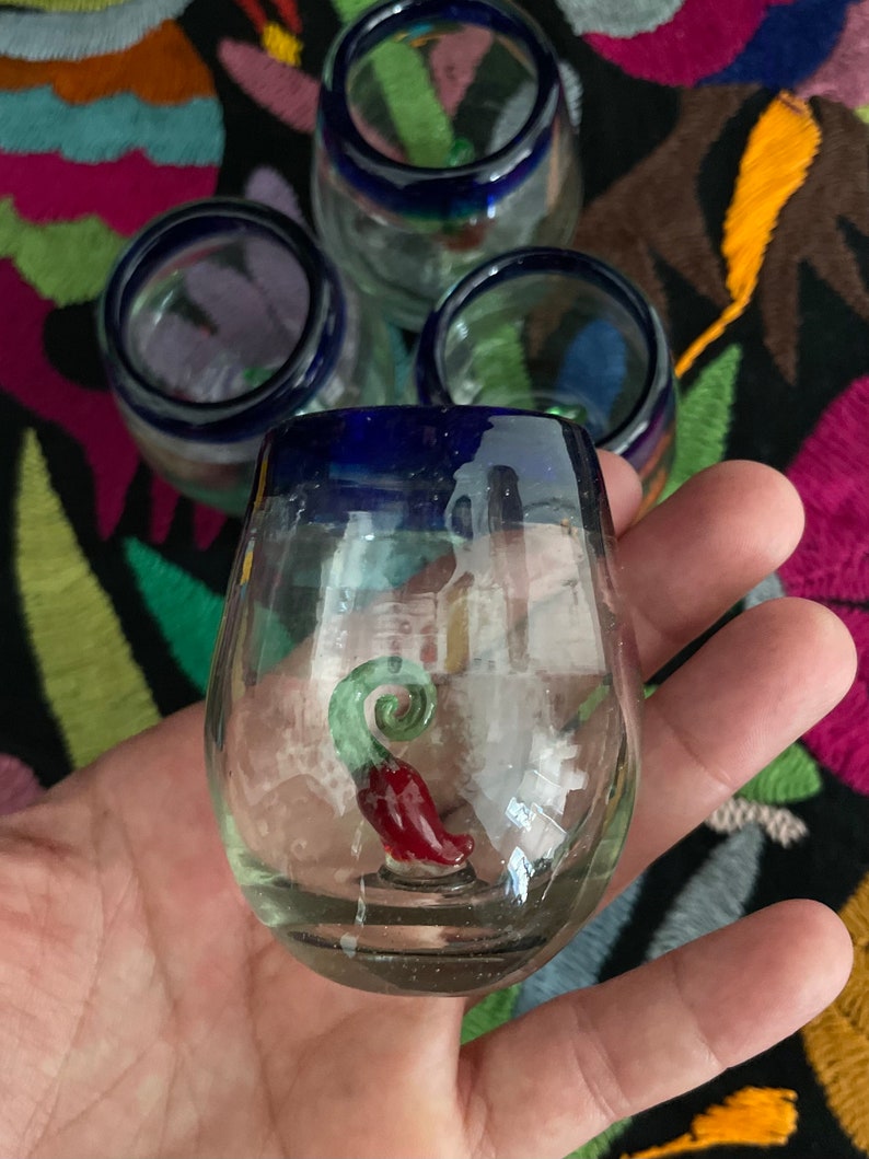 Set of Four (4) Blue Rim Mexican Tequila Mezcal Sipper Glass With Red ...
