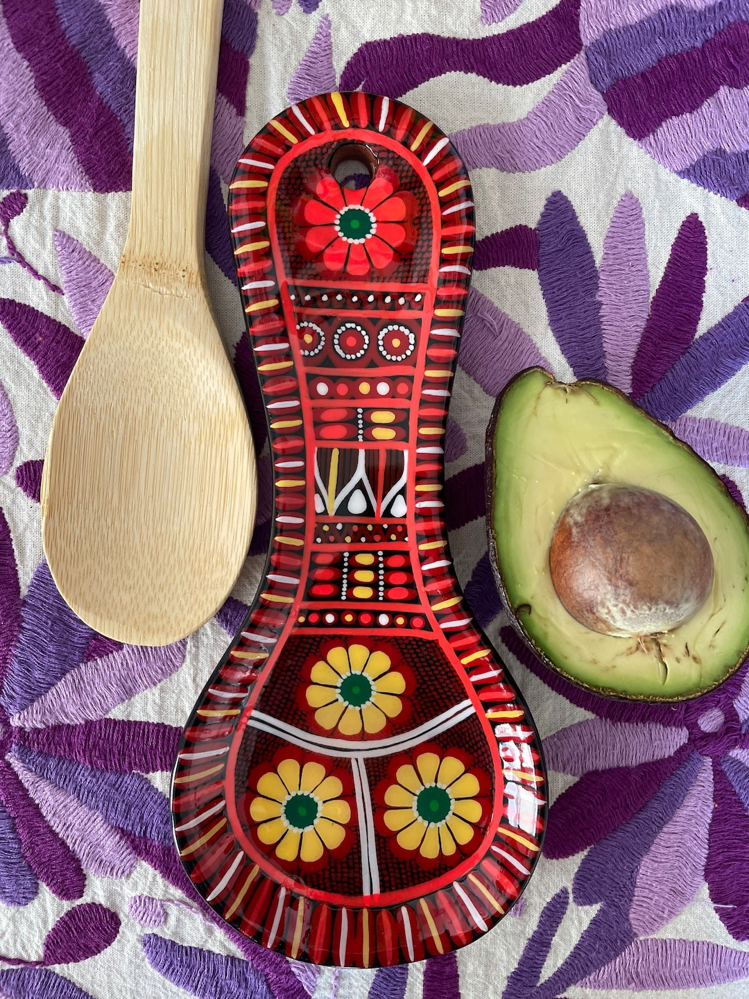 Hand Painted, Varnished Floral Motif Ceramic Spoon Rest From Mexico - Etsy