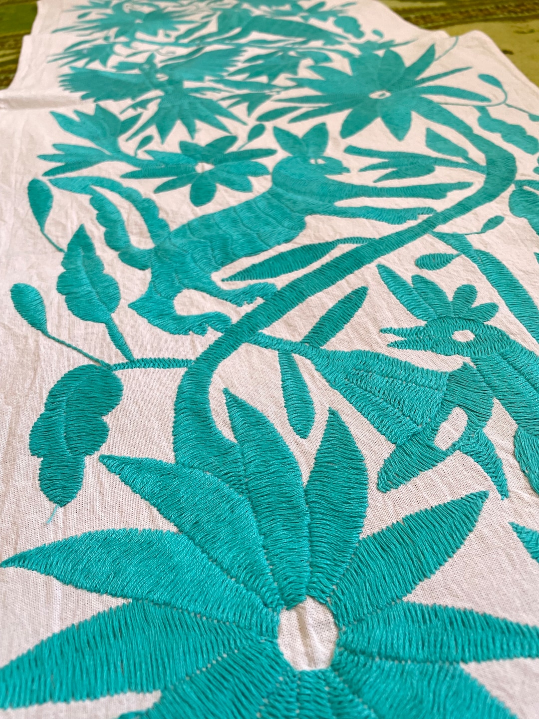Bright Teal Tenango Otomi Hand Embroidered Vertically Oriented Table ...