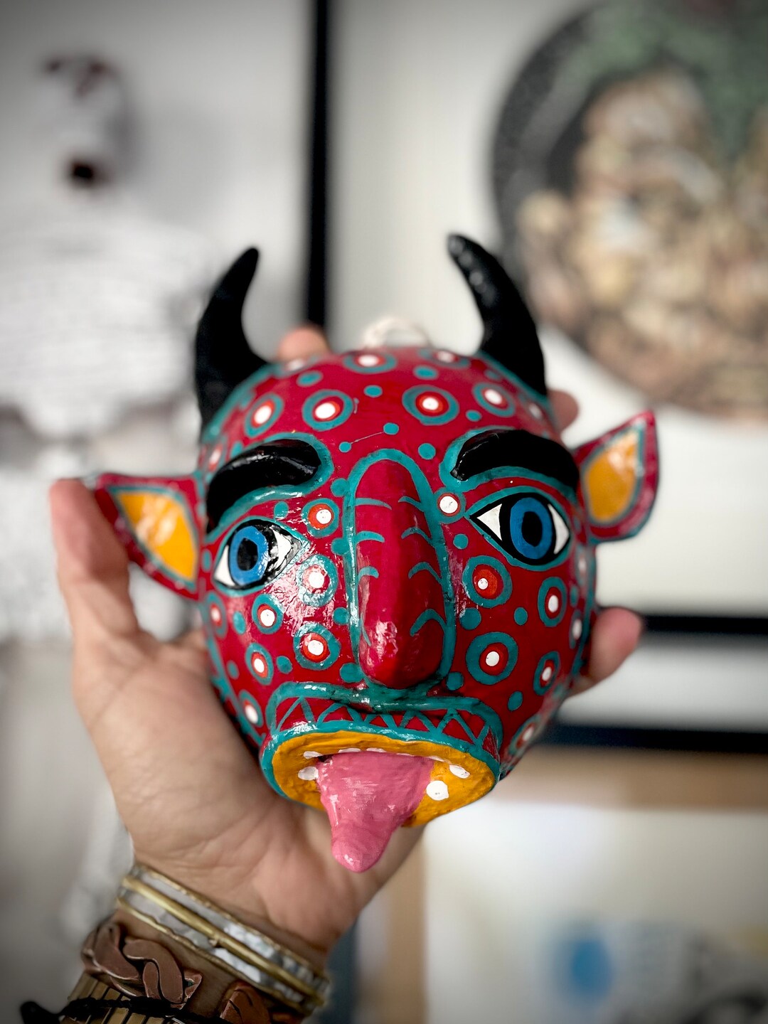 Red and Teal Spotted Face Horned Demon Coconut Shell Mexican Mask ...