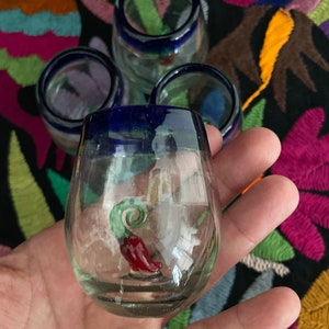 Set of Four (4) Blue Rim Mexican Tequila Mezcal Sipper Glass With Red ...