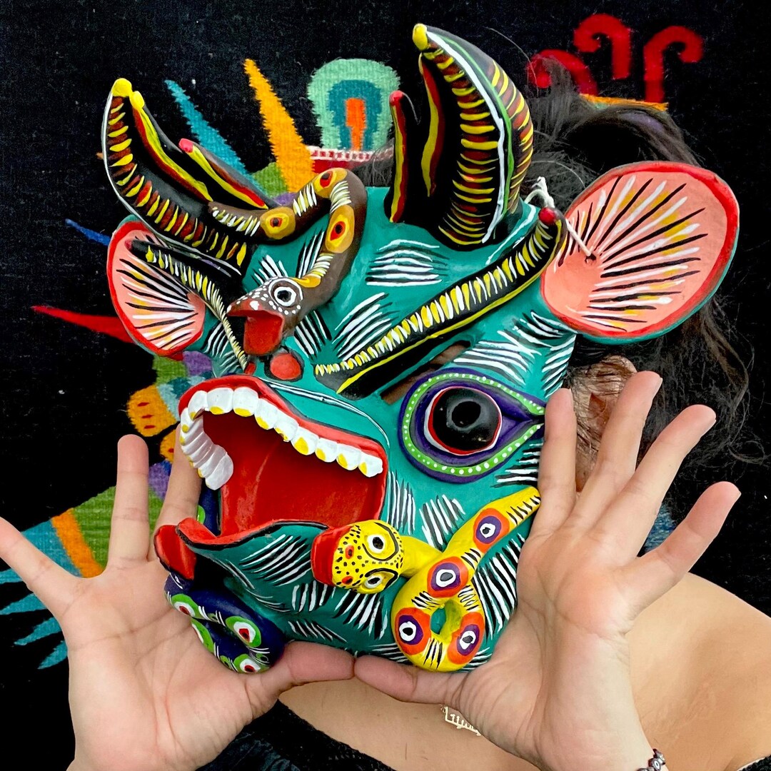 Large Beautiful Demon Snakes Face Mask in Colorful Teal With Yellow and ...