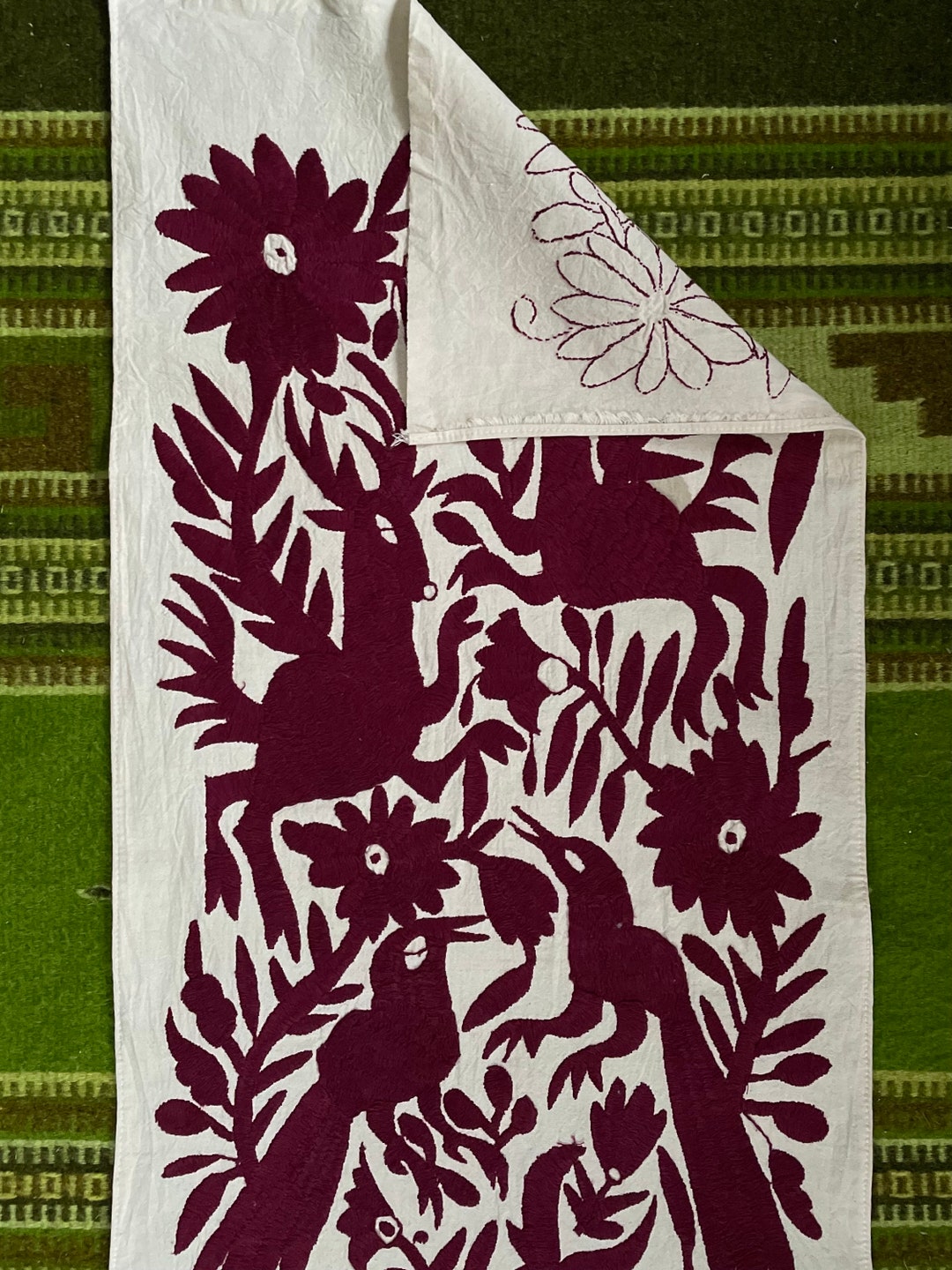 Deep Maroon Tenango Otomi Hand Embroidered Vertically Oriented Table ...