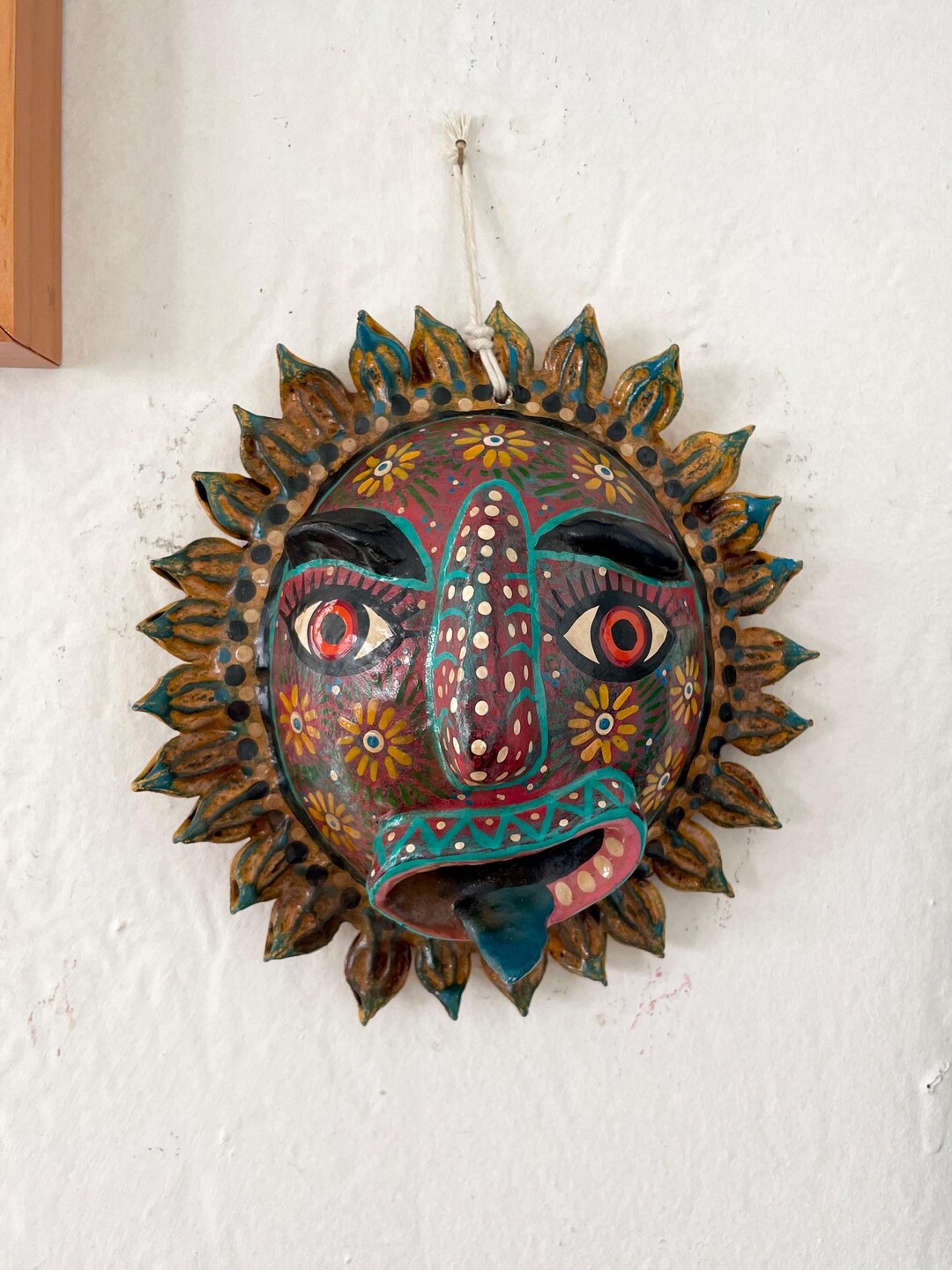 Sun Face Coconut Shell Mexican Mini Mask in Earth Tone Teal & Mustard ...