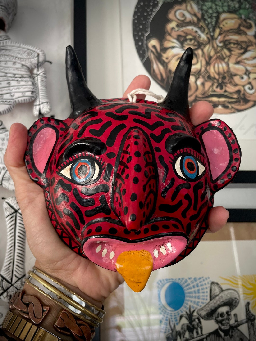 Red and Black Horned Demon Coconut Shell Mexican Mask—unique Piece - Etsy