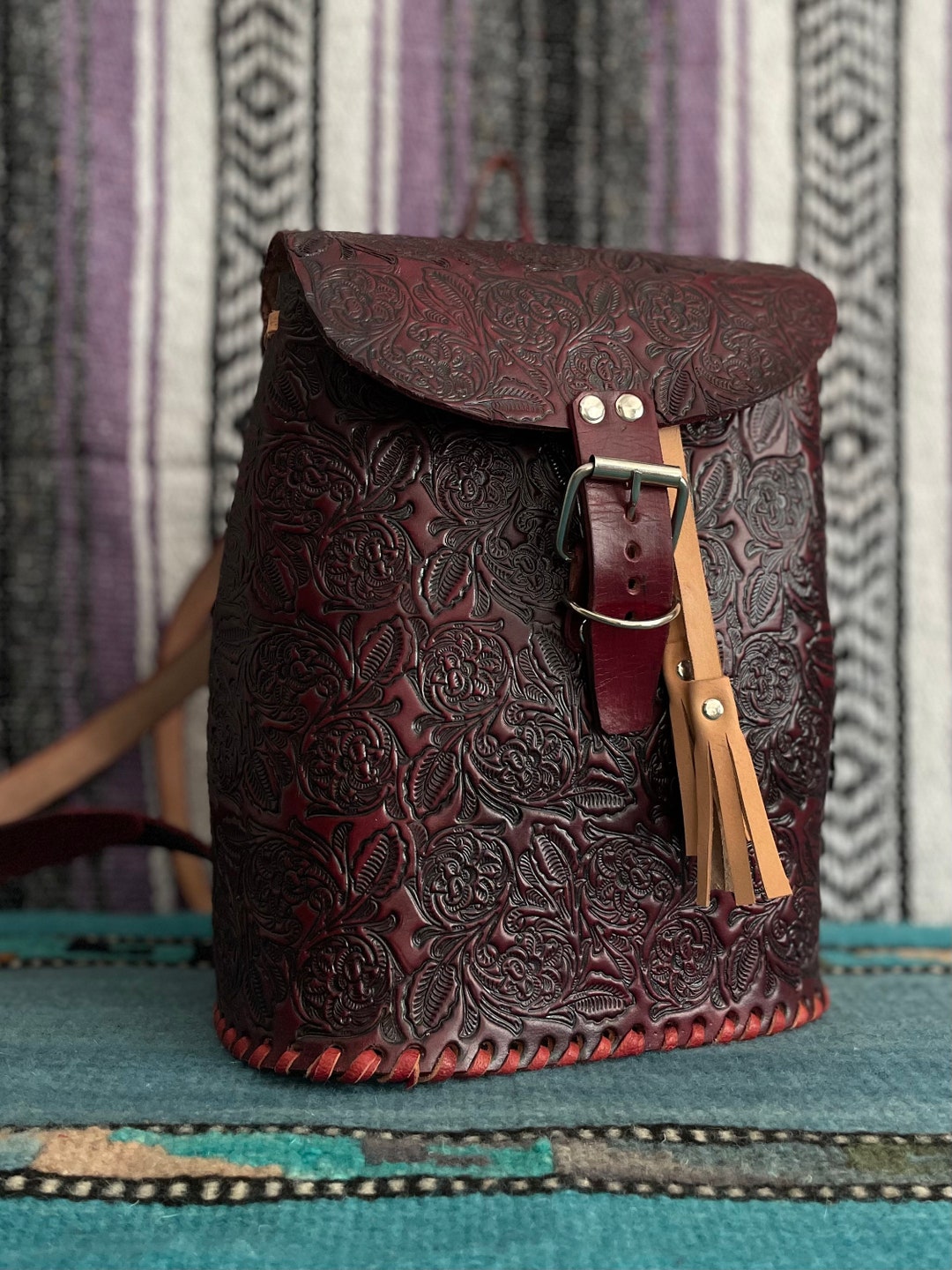 Dark Deep Red Stain Floral Stamped Bound Leather Backpack From Mexico ...