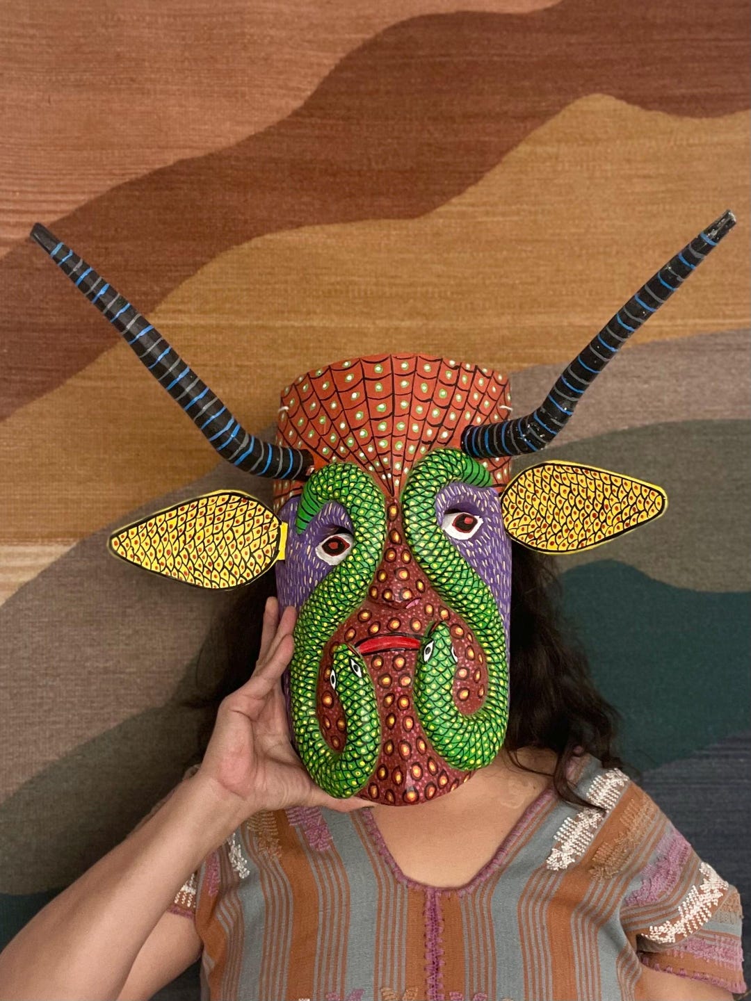 Large Purépecha Ocumicho Colorful Wooden Mask Featuring Snakes Crawling ...