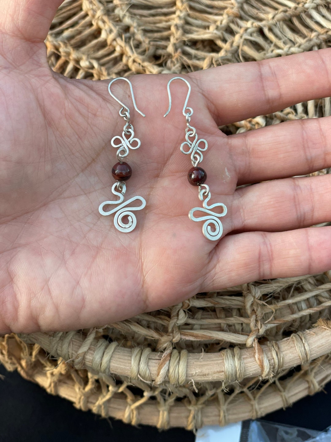 Aztec Clover and Swirl Design Nickel Silver Earrings With Falcon Eye ...