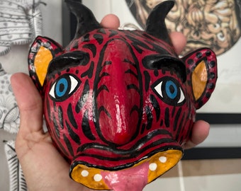 Teal, Black, and Orange Horned Demon Coconut Shell Mexican Maskunique ...