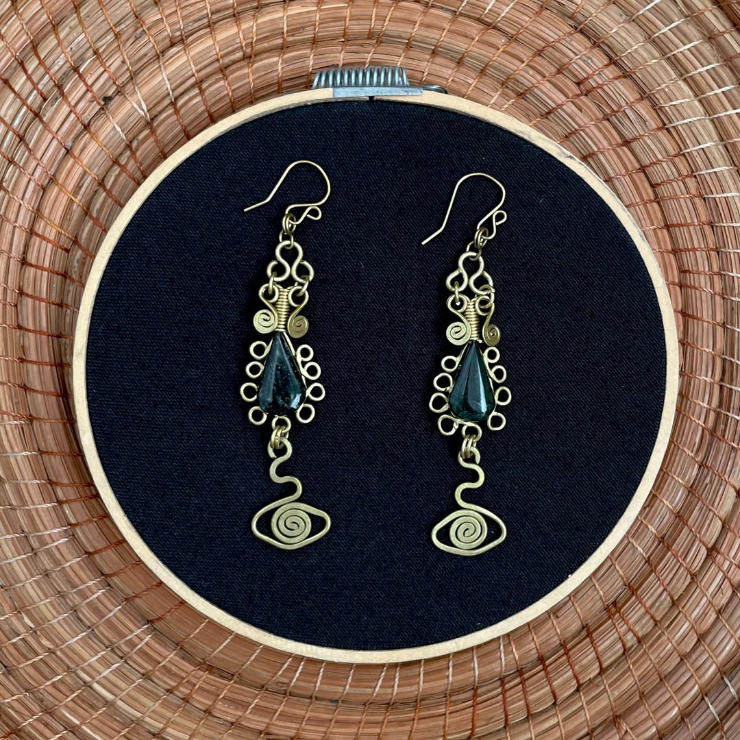 Water Drop Shaped Jade Dangle Hook Nickel Brass Earrings With Aztec ...