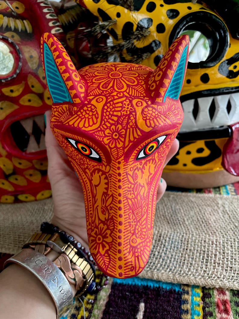 Smiling Coyote Copal Wood Figure From Mexico in Bright Red on Bright ...