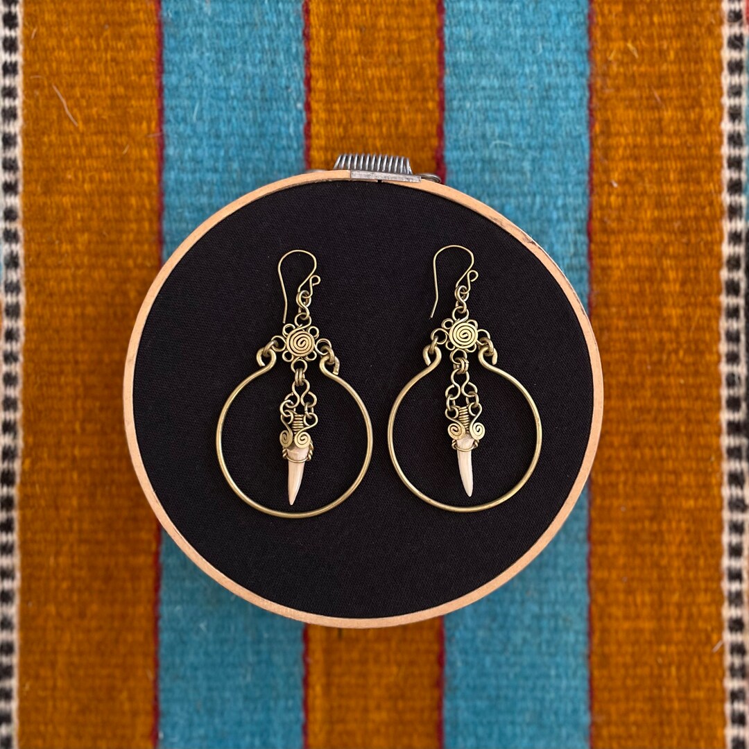 Aztec Design Brass Hoop Earrings With Coyote Fang Handmade in Mexico - Etsy
