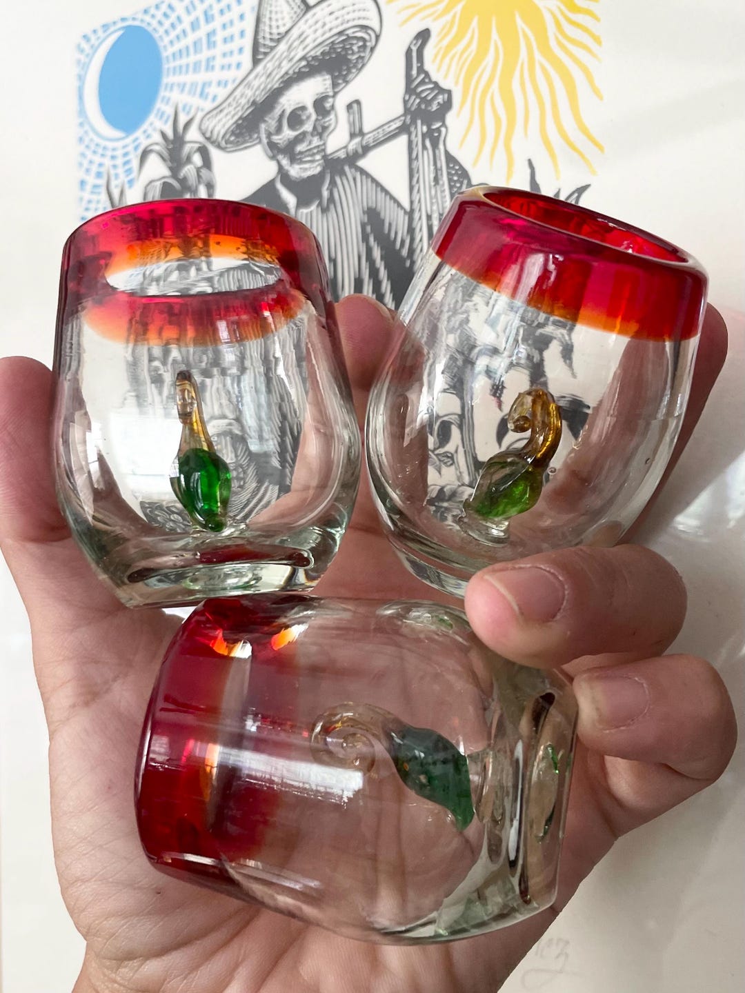 Mexican Tequila Mezcal Sipper Red Rim Glass With Green Jalapeño Chili ...