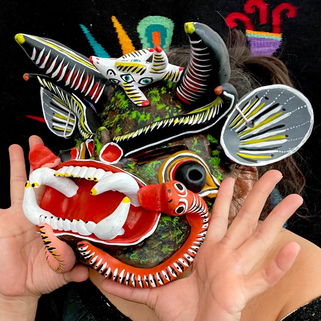 Large Beautiful Demon Fish and Snakes Face Mask in Colorful Black With ...