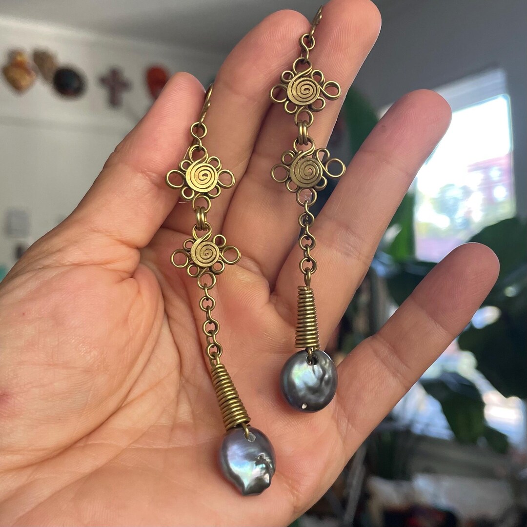 Extra Long Brass Aztec Swirl Design Earrings With Black Pearl Beads ...