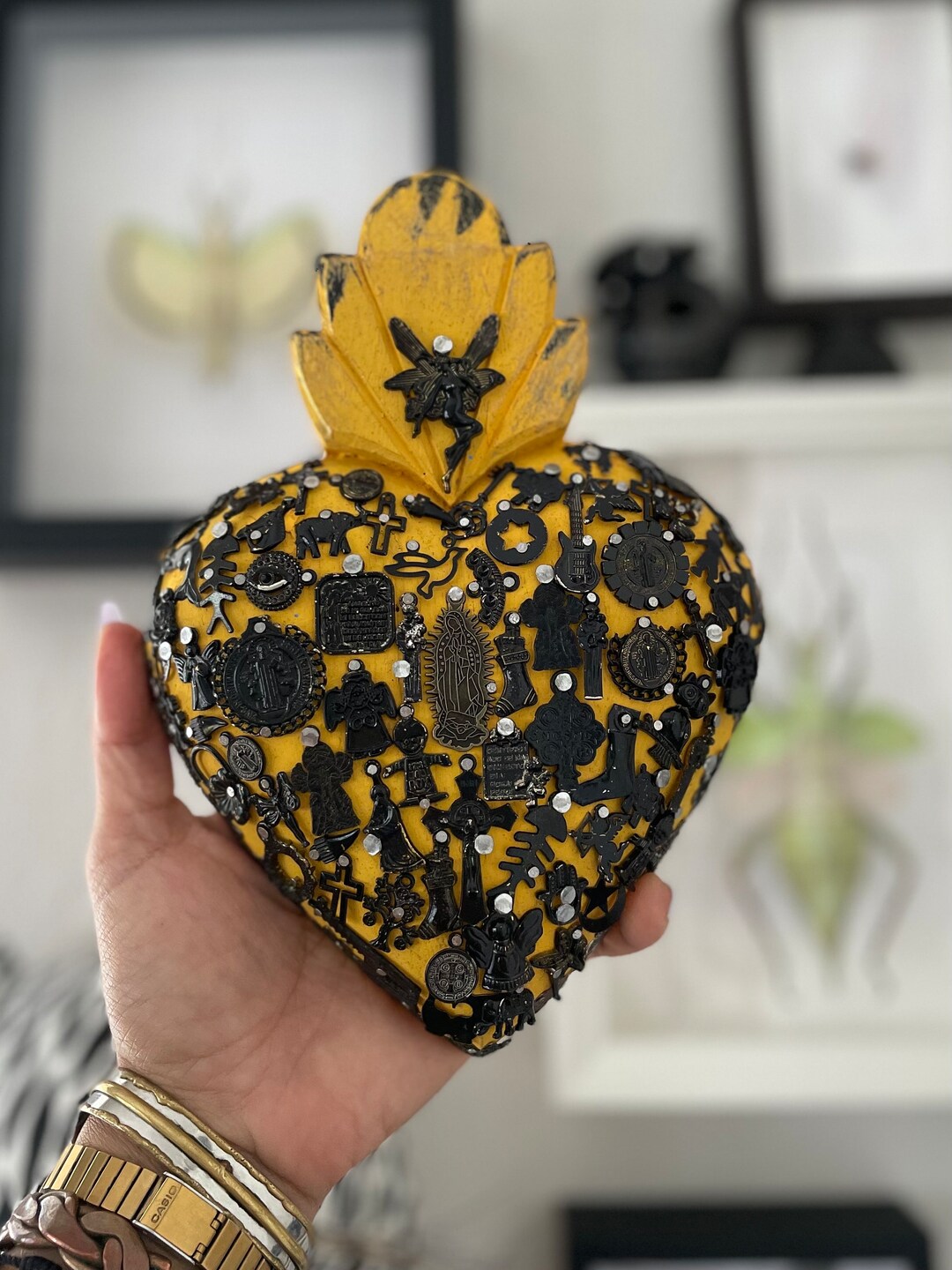 Mustard Yellow and Black Wooden Sacred Heart With Black Milagros and ...