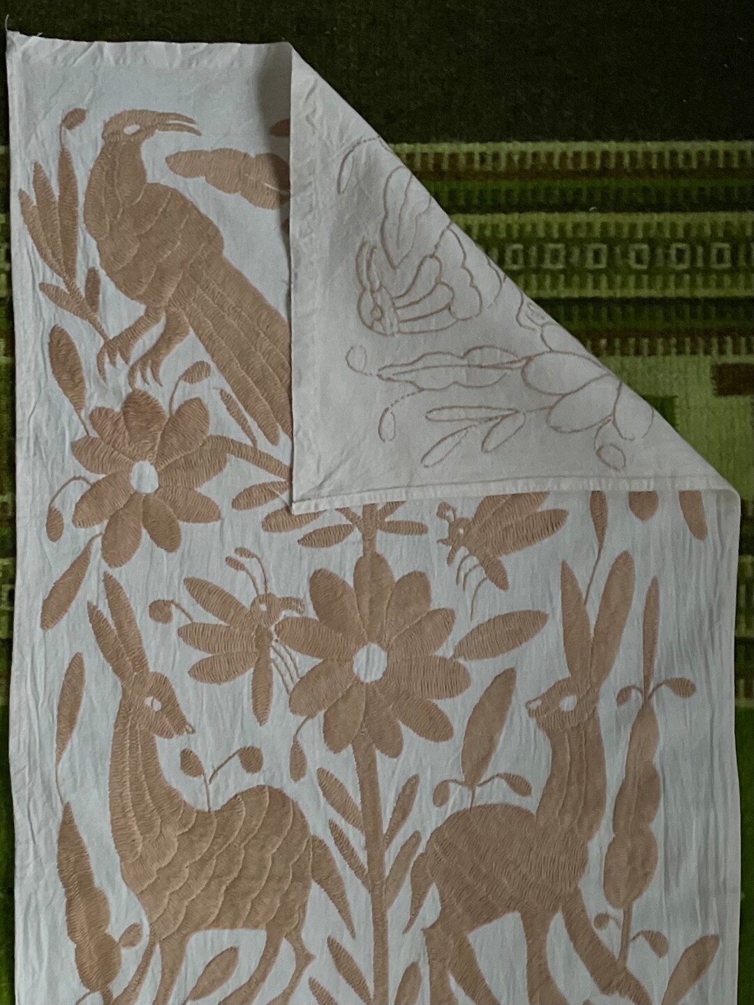 Beige Tenango Otomi Hand Embroidered Vertically Oriented Table Runner ...