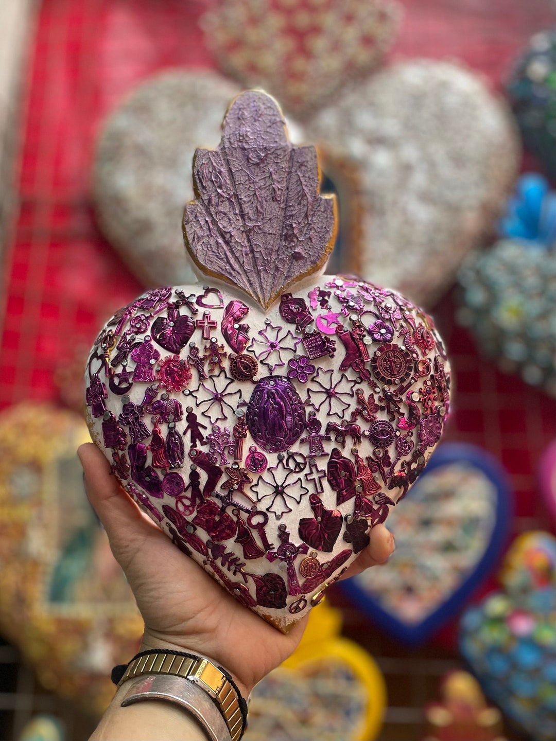 White Wooden Sacred Heart With Virgen of Guadalupe Image and Fuschia ...